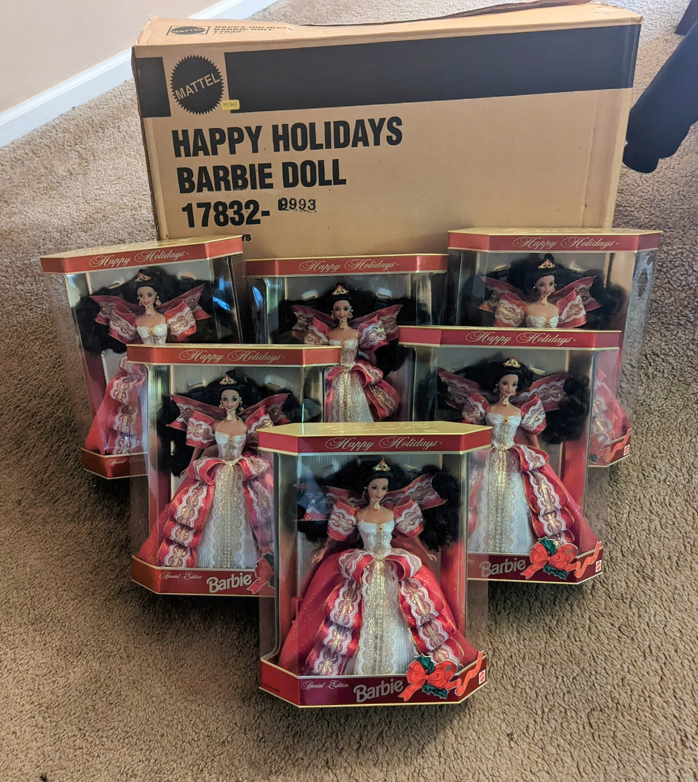 LOT OF 6 1997 HAPPY HOLIDAY BARBIES - BRUNETTE IN ORIGINAL SHIPPING BOX ...