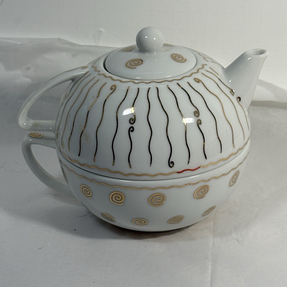 Pottery Barn Porcelain Pottery Teapot & Cup Mug Stackable Gold Swirl ...