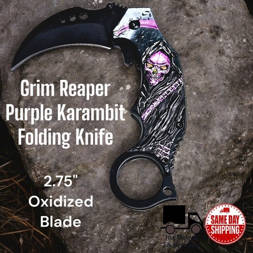 7” Skull Grim Reaper Tactical Claw Karambit Purple Assisted Folding ...