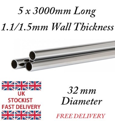 5 x Chrome Plated Metal 3000mm L Tube, 32mm Diameter, 1.1mm/1.5mm Wall ...
