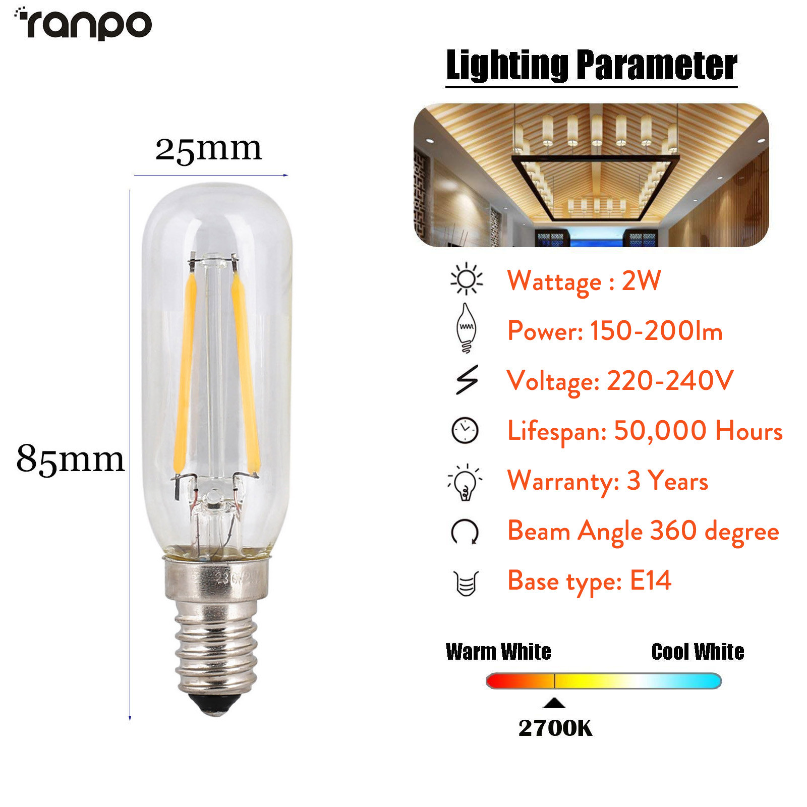 Vintage Retro T25 E14 SES 2W LED Filament Light Bulb Warm White 220V ...