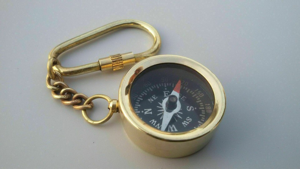 Nautical Brass Pocket Compass Key Chain Antique Handmade Key Ring SOLID ...