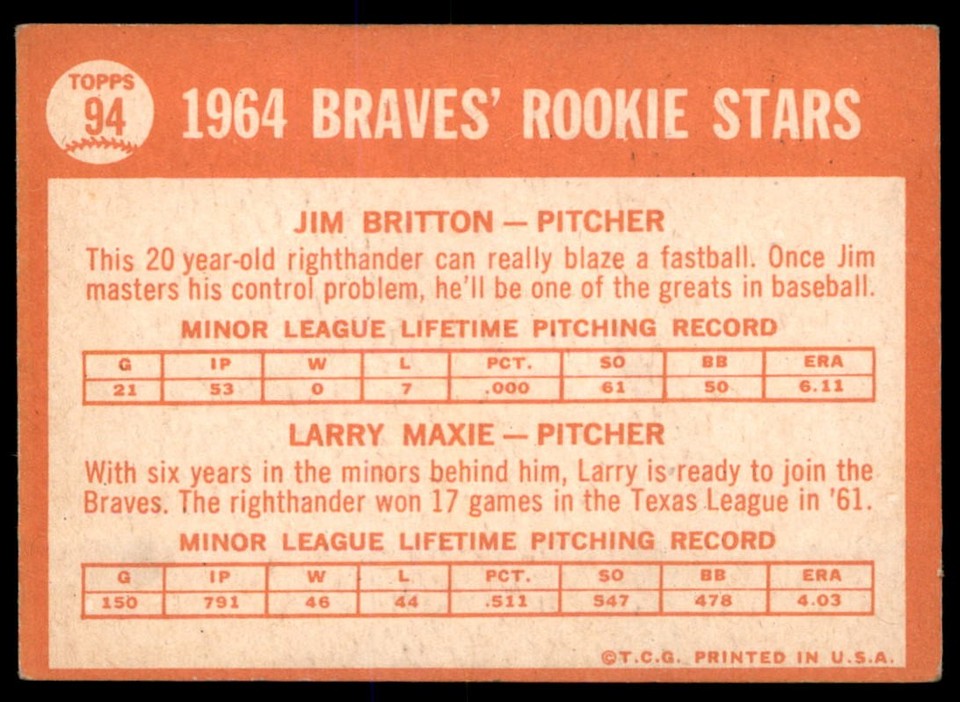1964 Topps #94 Braves 1964 Rookie Stars (Jim Britton / Larry Maxie) (VG ...