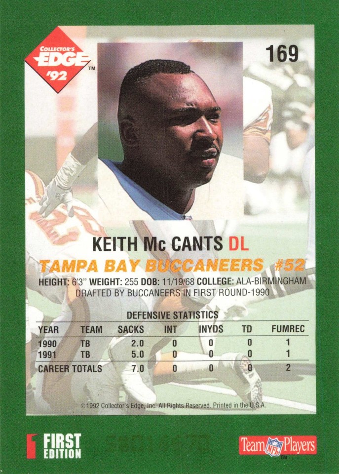 Keith McCants 1992 Collector's Edge #169 Tampa Bay Buccaneers Football ...