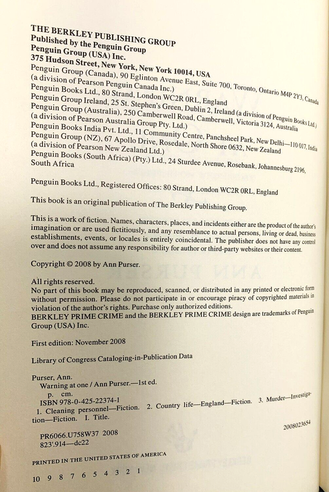 Lois Meade Mystery Warning at One Ann Purser (2008 Hardcover) TRUE ...