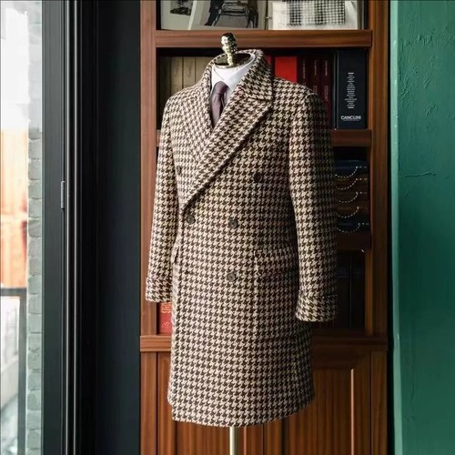Men Houndstooth Overcoat Jacket Brown Double Breasted Blazer Tuxedos ...