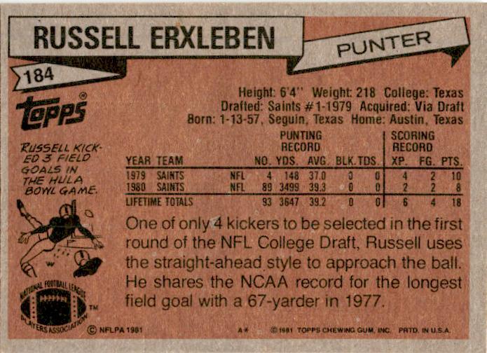 1981 Topps #184 Russell Erxleben New Orleans Saints | eBay