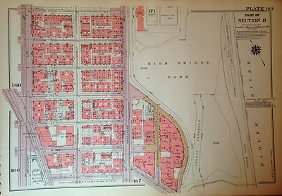 1955 INWOOD HIGH BRIDGE PARK MANHATTAN NYC G.W. BROMLEY PLAT ATLAS MAP ...