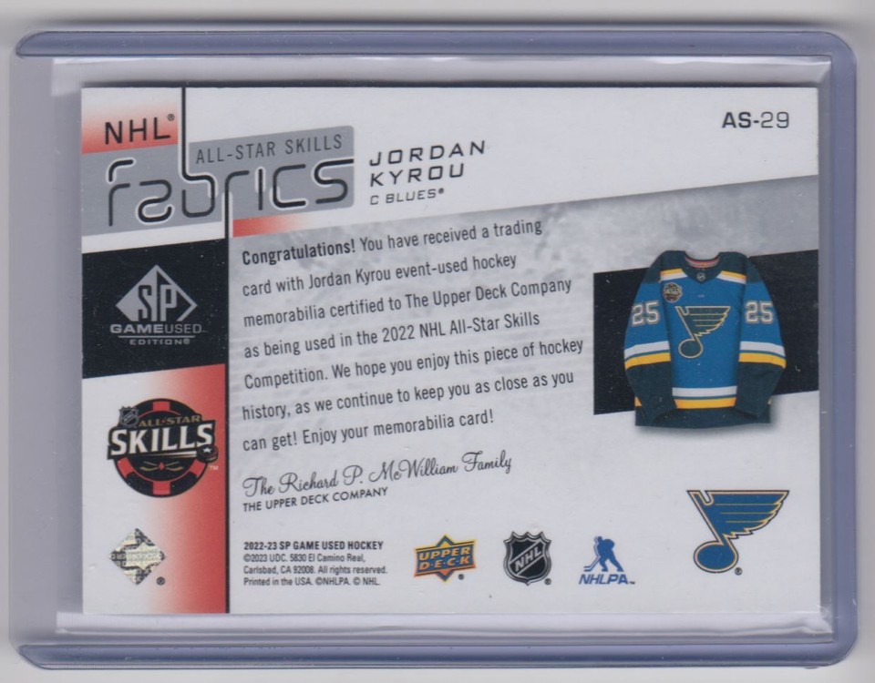 2022-23 SP Game Used 2022 NHL All-Star Jersey Jordan Kyrou St. Louis ...