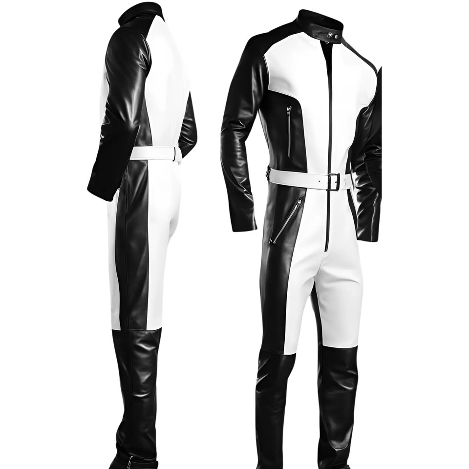 Men's Genuine Leather Biker Jumpsuit - Black Overall Racer Catsuit ...
