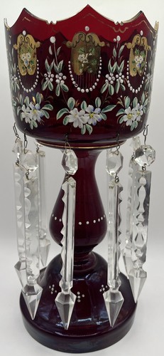 Large Antique Bohemian Glass Cranberry-Tone Floral-Themed Lustre | eBay