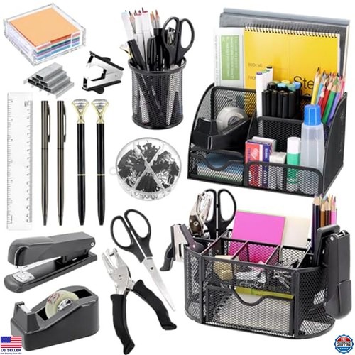17-in-1 Black Desk Organizer Set with Office Supplies, Storage ...