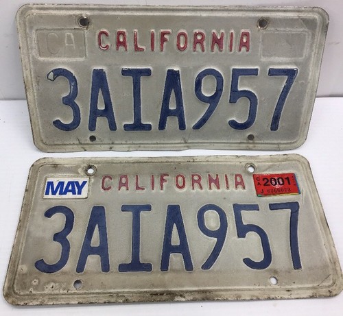 PAIR VINTAGE CALIFORNIA LICENSE PLATE Red/white & BLUE LETTERS~3AIA957 ...