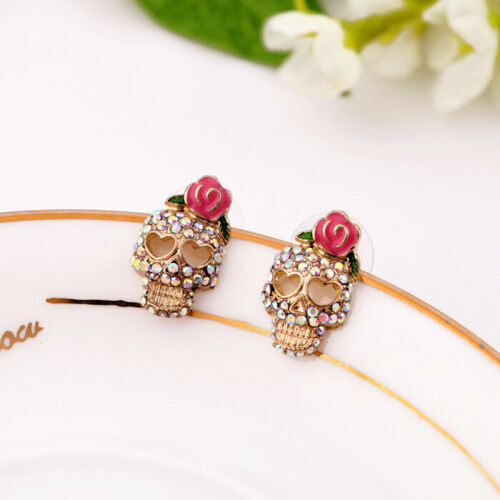 Gift Jewelry Earrings Skeleton Rose Studs Pink Rhinestone Women Cute ...