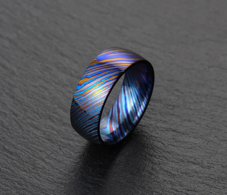 Black Timascus Titanium Damascus Mens wedding band Engagement ring | eBay