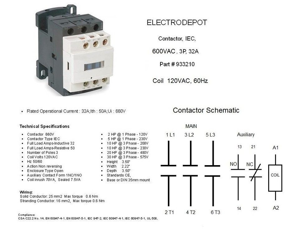 50A Contactor 3 POLE w Auxilary Contact NO/NC 120V Coil , 40A, 30A ...