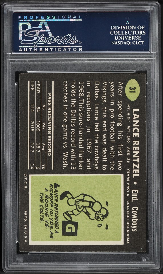 1969 Topps FB Card # 31 Lance Rentzel Dallas Cowboys ROOKIE RC PSA 8 NM ...