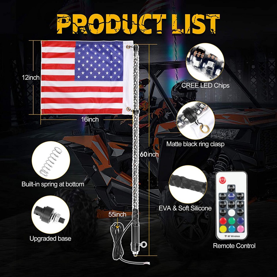 2Pcs 5ft LED Whip Remote Control Antenas LED Quick Release Light For ...