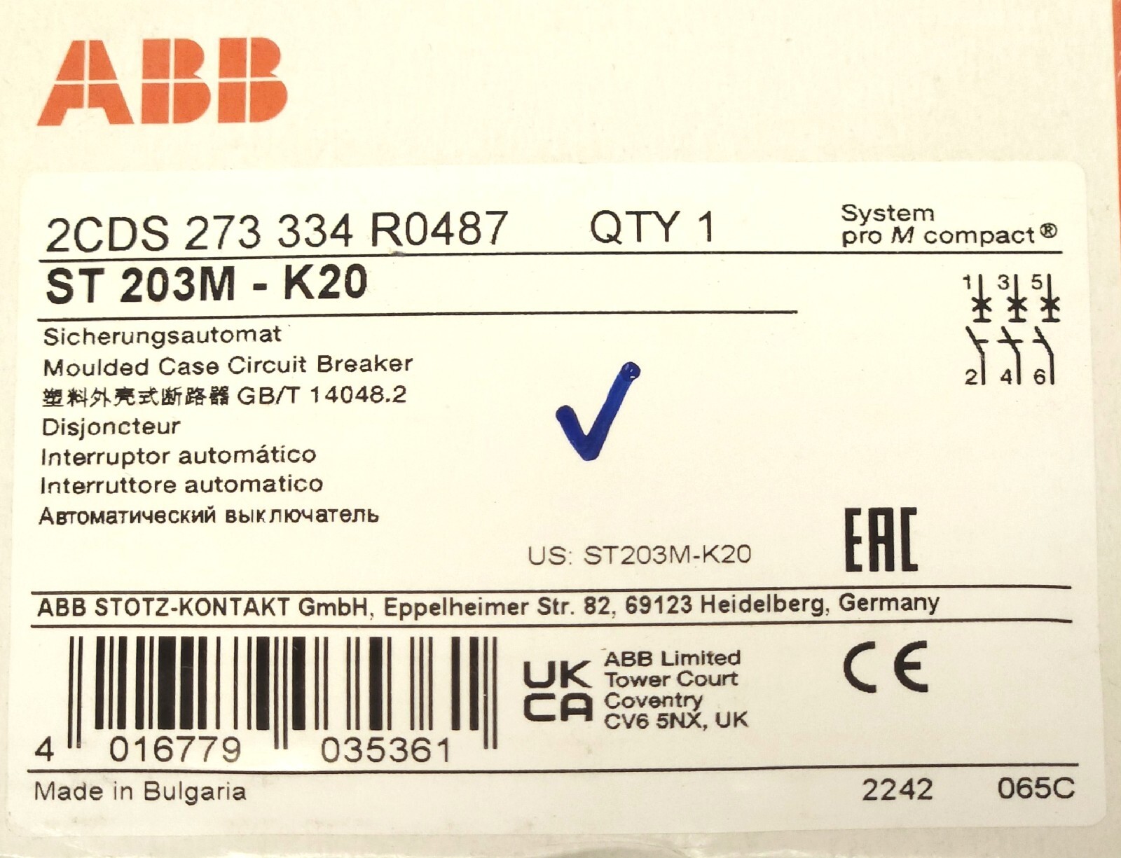 ABB ST 203M K20 2CDS 273 334 R0487 3 Pole 20 AMP ST 203M K20A Circuit Breaker | eBay