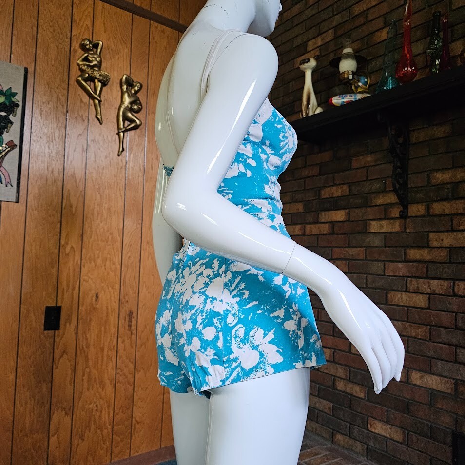 Vtg 50s 60s Aqua Playsuit Bombshell Swim Suit Abstract Floral Bathing ...