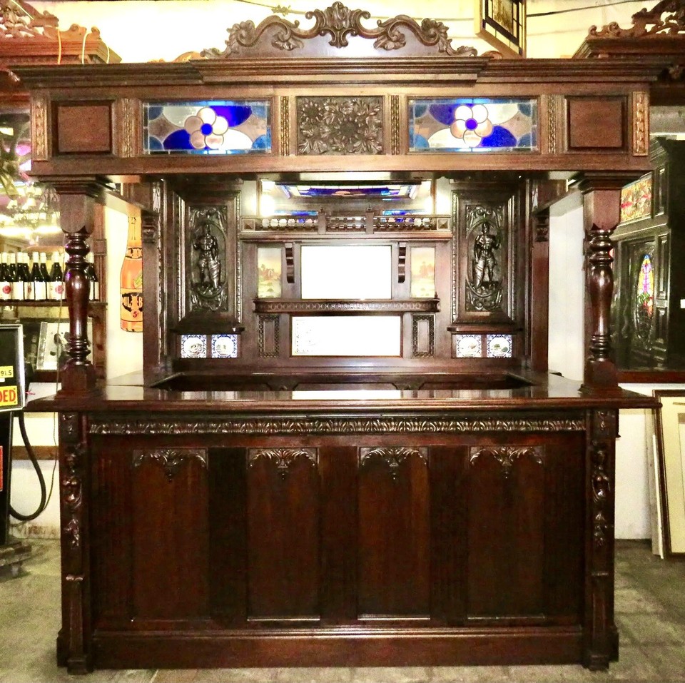 Beautiful Vintage Carved Mahogany Illuminated Pub Bar with Stained ...