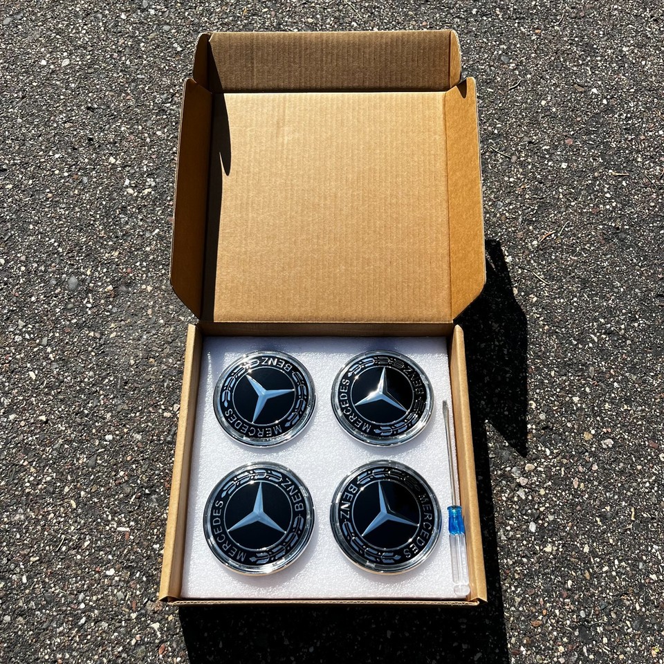 75mm Floating LED Wheel Caps Blue Light for Mercedes-Benz BLACK Wreath ...