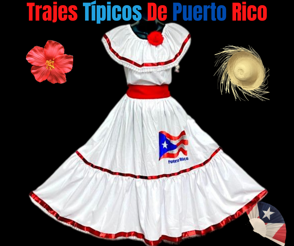 Traje Típico Jíbara Boricua 3PC Blanco Set - Blusa y Falda Bandera ...