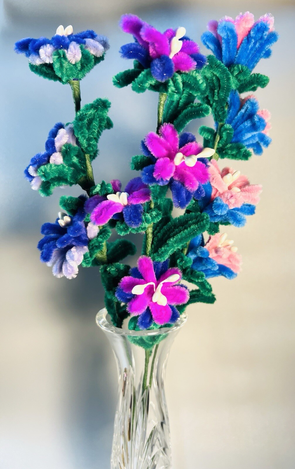 Pipe Cleaners Flowers Bouquet In The Crystal Vase 16” Handmade | eBay