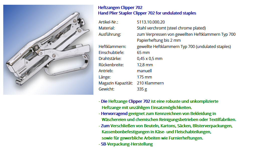 Heftzange Clipper Heftklammern gerade Typ 700 A2 Edelstahl Klammern ...