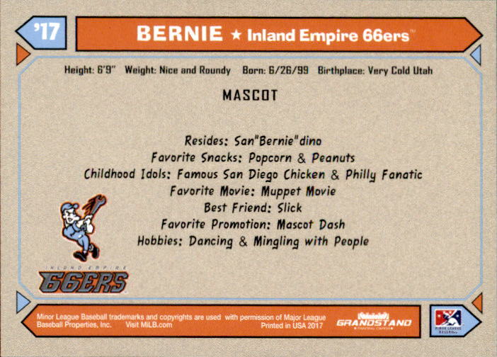 2017 Inland Empire 66ers Grandstand #34 Bernie MASCOT - NM Baseball ...