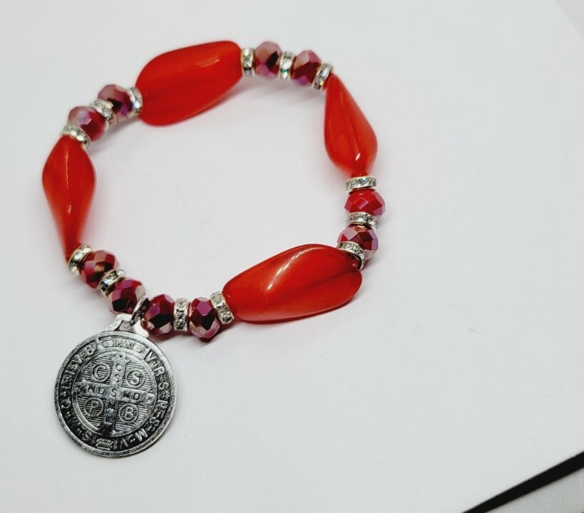 Saint St Benedict Medal Silver Rosary Beaded Bracelet Stretch VRSNSMV ...