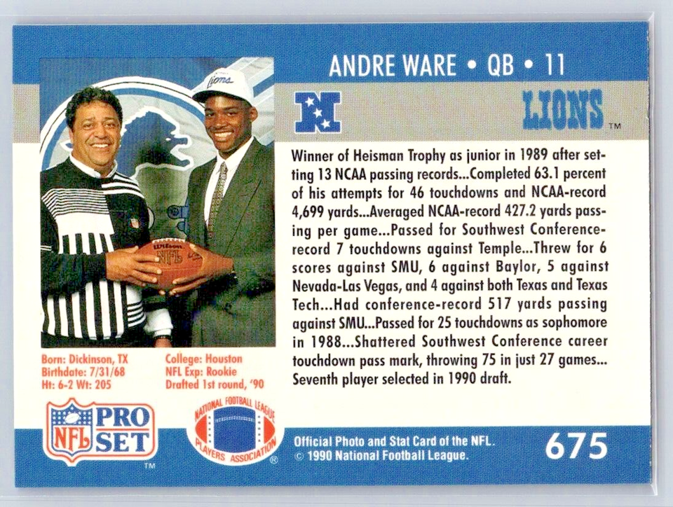 1990 Pro Set Series 2 Football - Andre Ware - Detroit Lions - RC - #675 ...