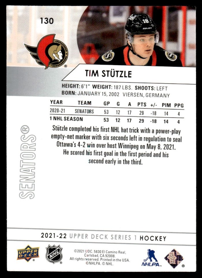 2021-22 Upper Deck Tim Stutzle Ottawa Senators #130 11645 | eBay