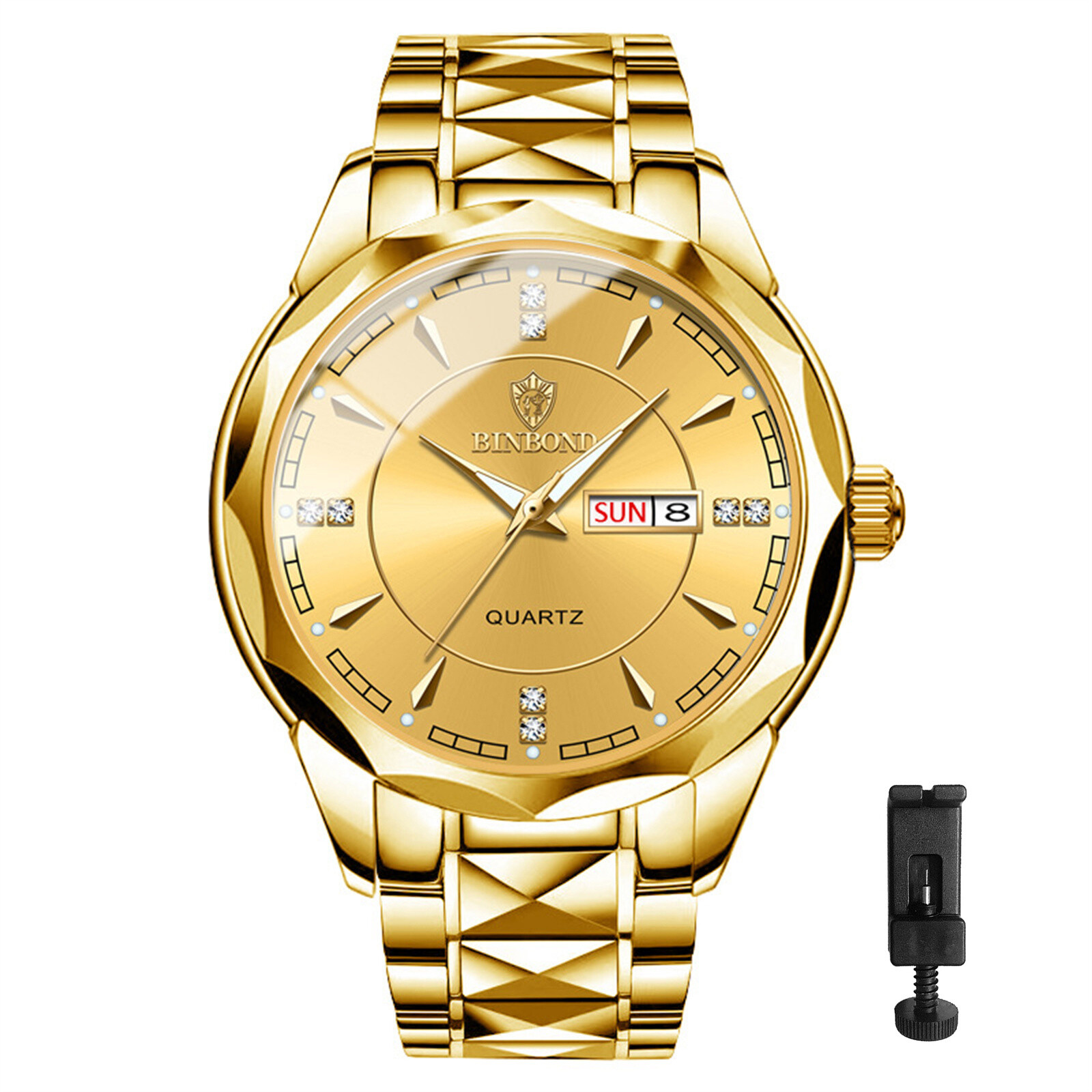 Men Women Luxury Date Calendar Gold Tone Stainless Steel Analog Quartz ...