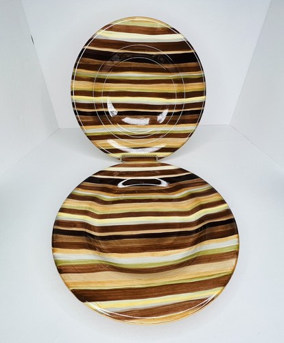 2 - Z Gallerie Dinner Plates Brown Green Yellow Stripes Lines 11 1/4 ...