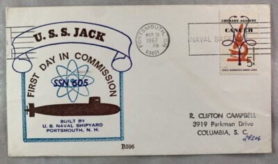 Navy Postal Cover USS Jack SSN-605 Submarine Commissioning Cachet ...