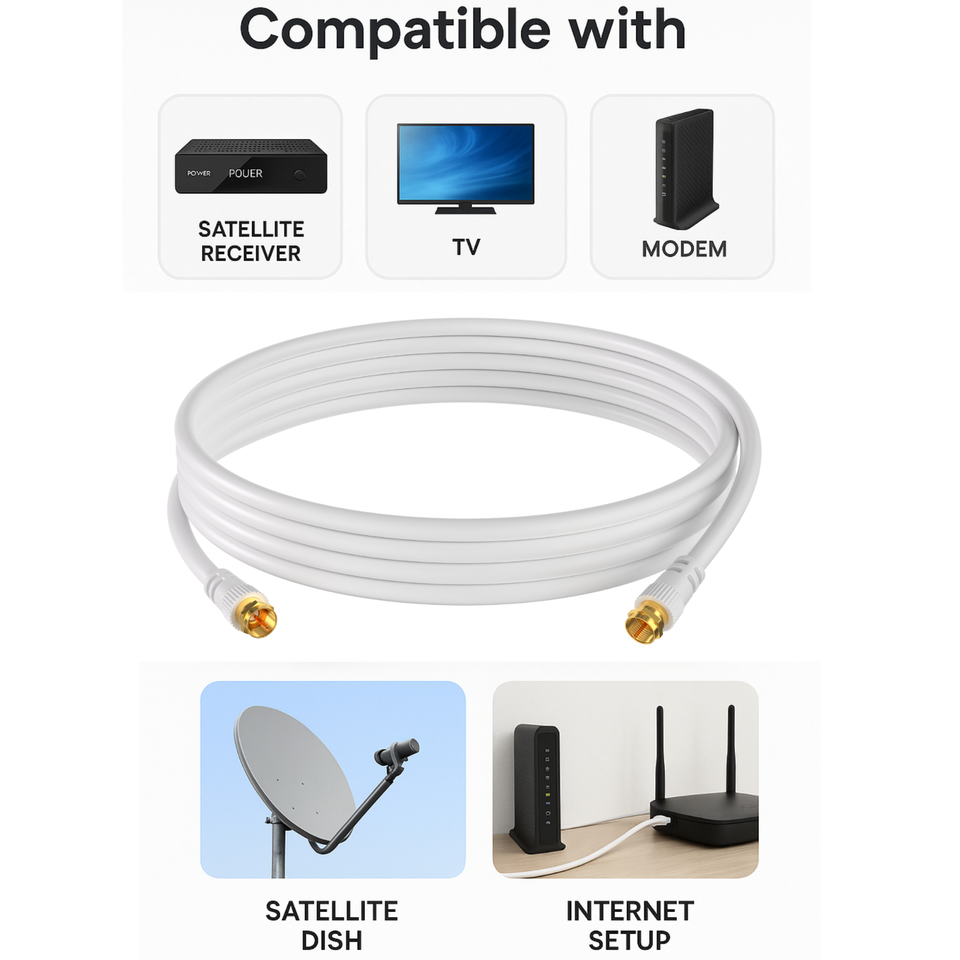 2 pcs 10ft RG6 Dual Coaxial Cable Extension Digital Antenna White TV ...