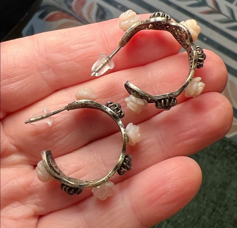 Lovely 925 Sterling Silver Cannetille & Carved Angel Skin Coral Hoop ...