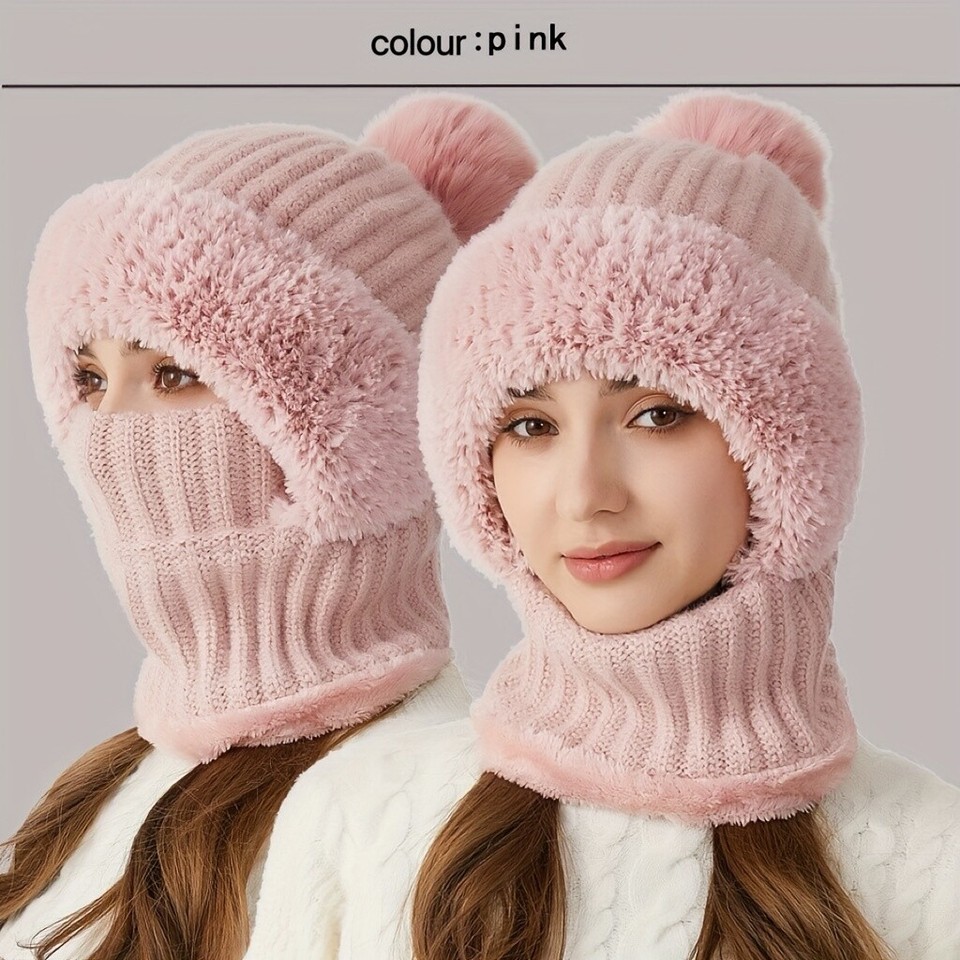 Womens Bib Beanie Hat Bobble Face Cover Set Knitted Winter Warmer Ski ...