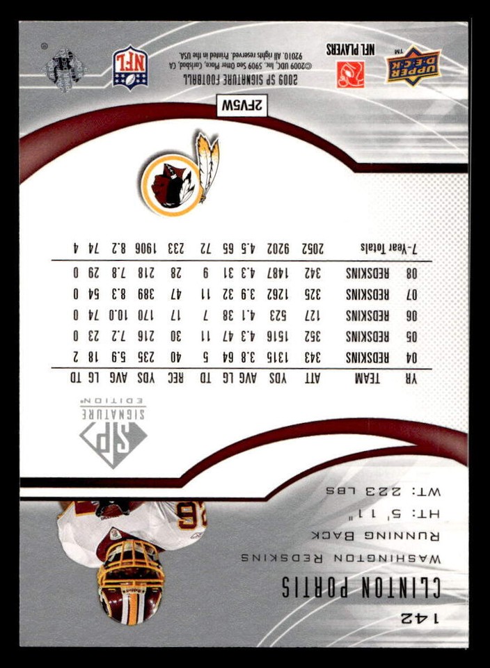 2009 SP Signature Clinton Portis #142 Washington Redskins Football Card ...