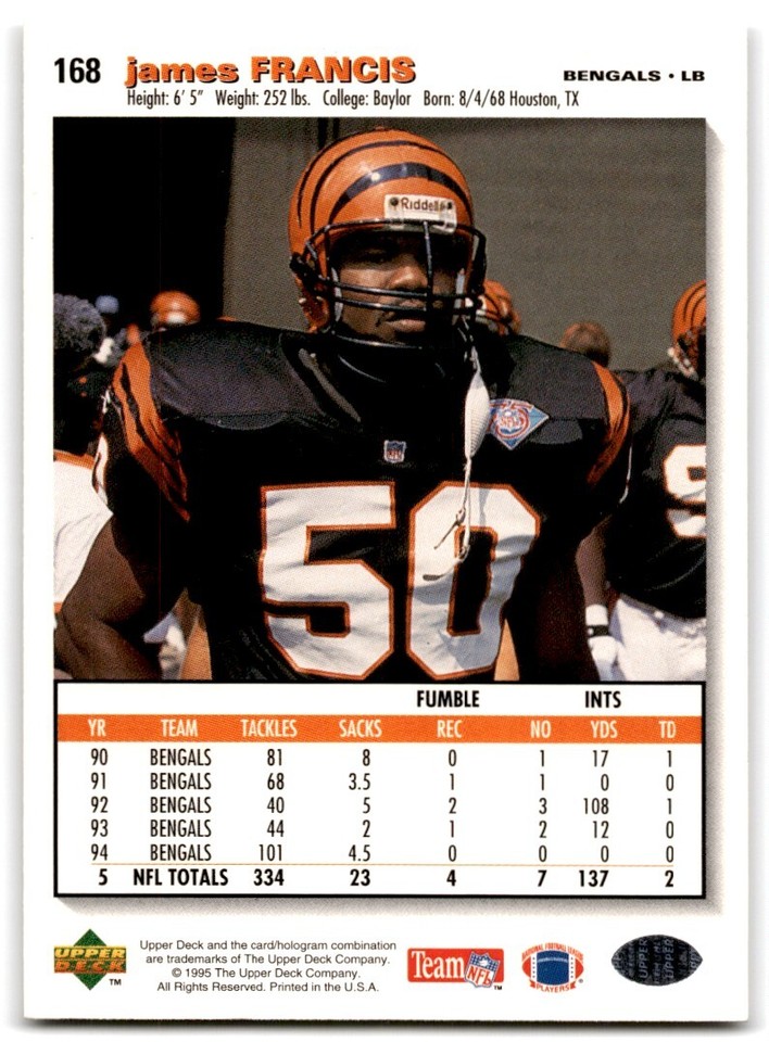 1995 Upper Deck Collector's Choice James Francis Cincinnati Bengals ...