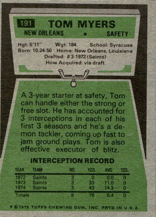 1975 Topps Football SET BREAK #191 Tom Myers NMMT | eBay