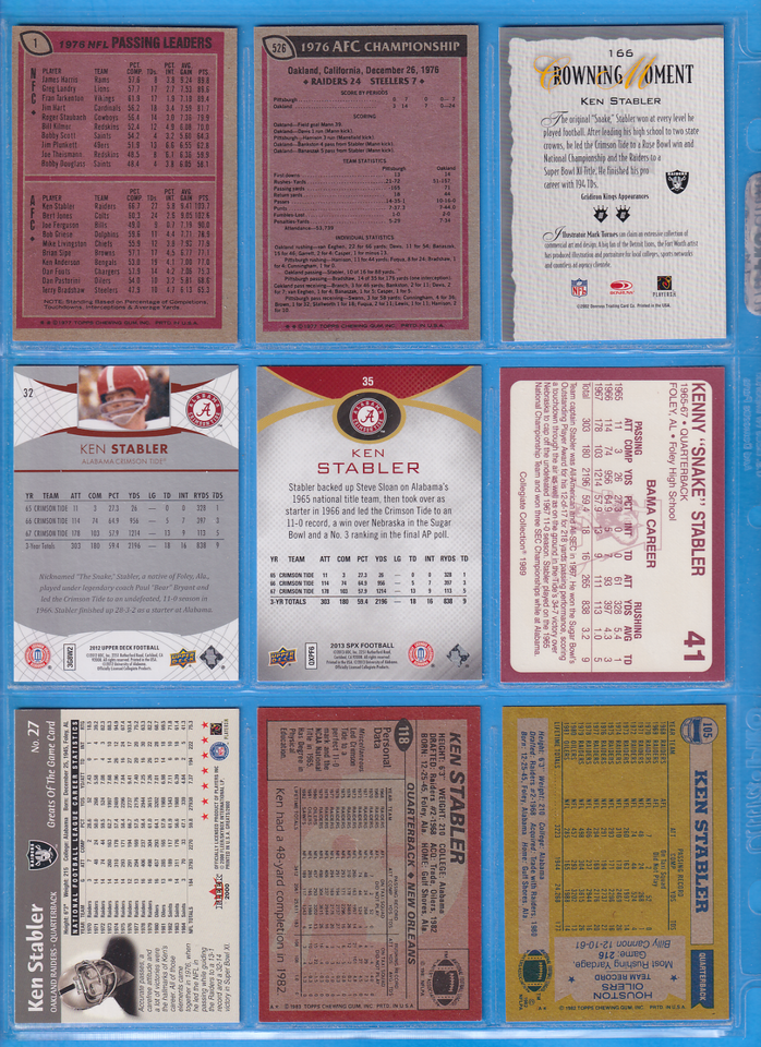 Ken Stabler Lot (9 cards) Topps Gridiron Kings Oakland Raiders Alabama ...