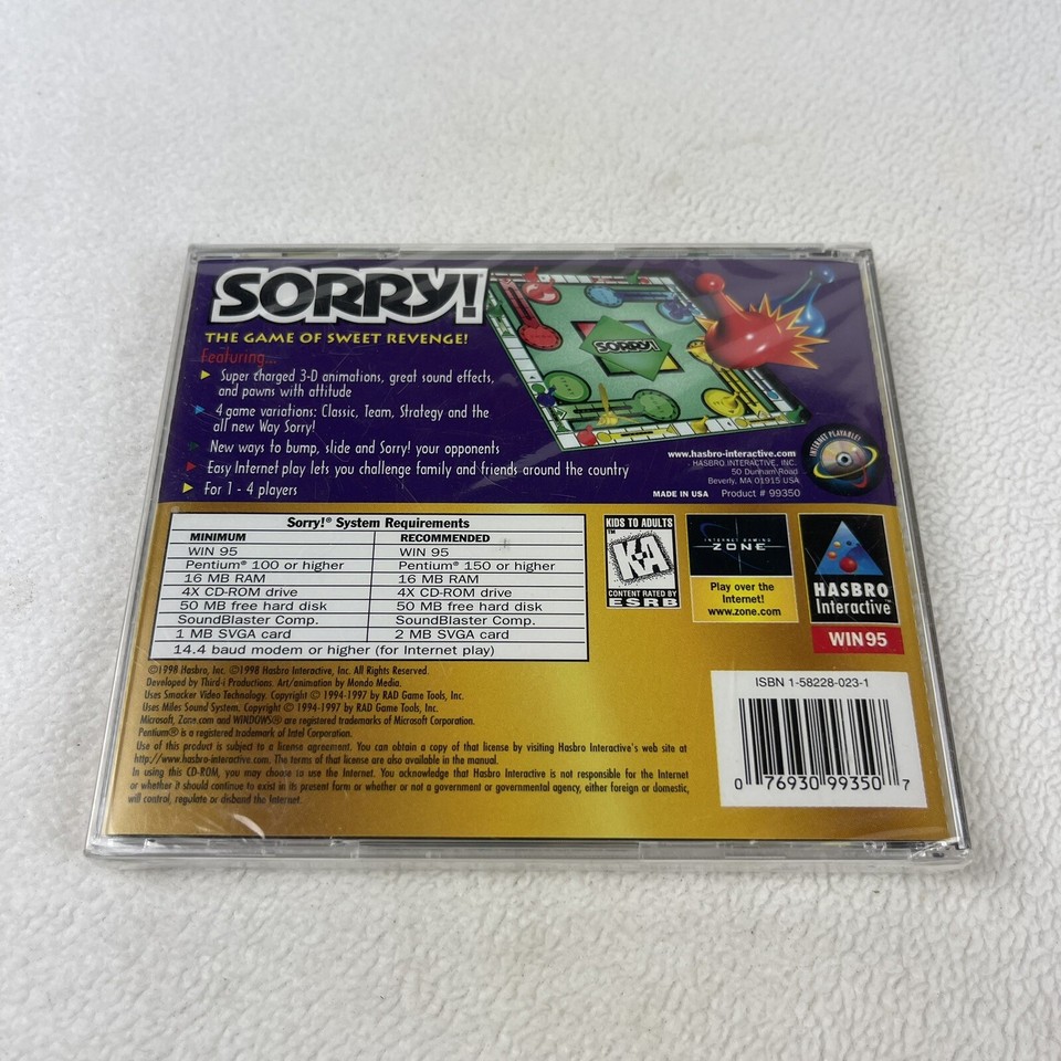 Sorry CD-ROM (PC, 1998) Windows Hasbro Interactive Game 76930996645 | eBay