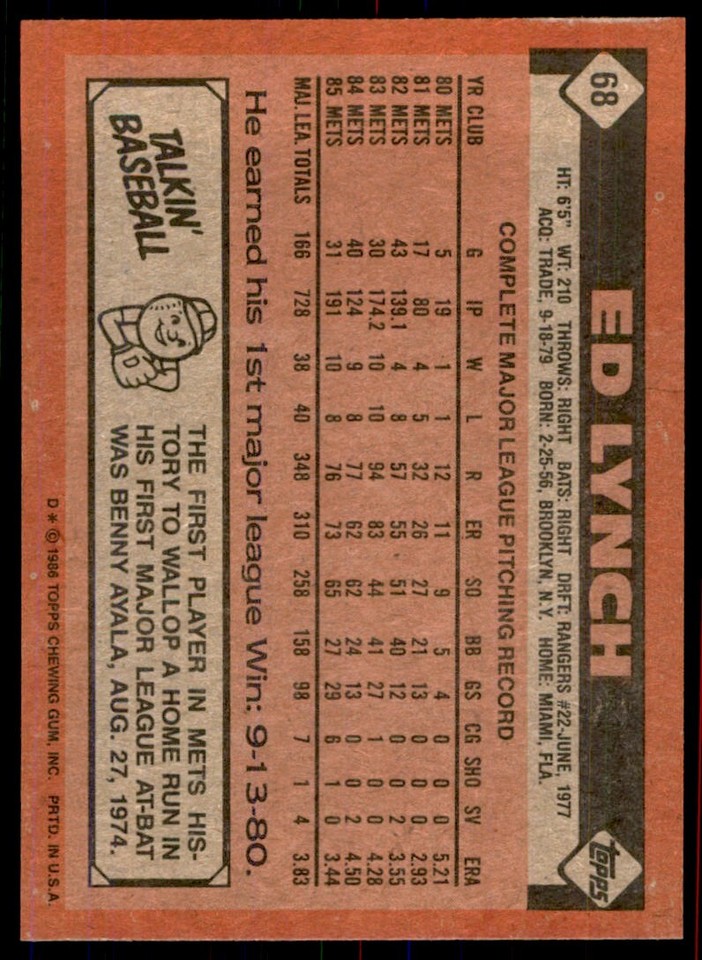 1986 Topps Baseball Card Ed Lynch New York Mets #68 | eBay