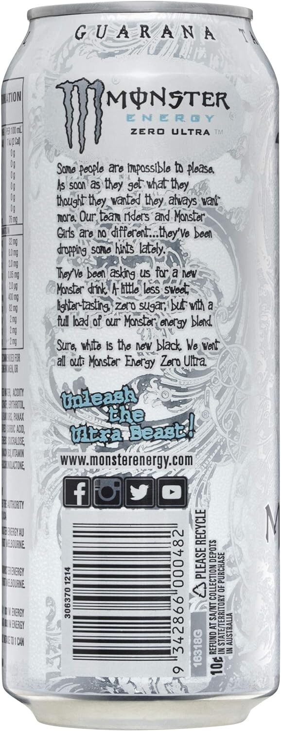 Monster Energy Drink Zero Ultra Multipack Cans 24 x 500mL Pack FREE ...