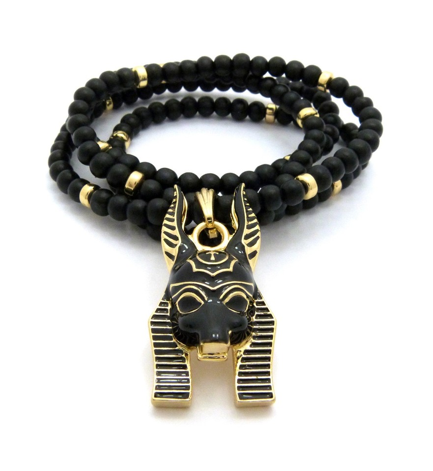NEW EGYPTIAN ANUBIS HEAD PENDANT & 30" WOOD BEAD CHAIN HIP HOP NECKLACE ...