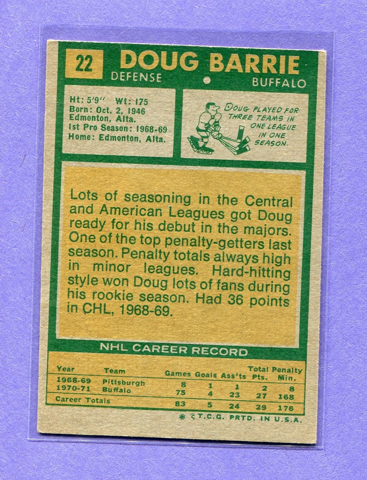 DOUG BARRIE BUFFALO SABRES 1971-72 TOPPS NHL HOCKEY CARD #22 | eBay