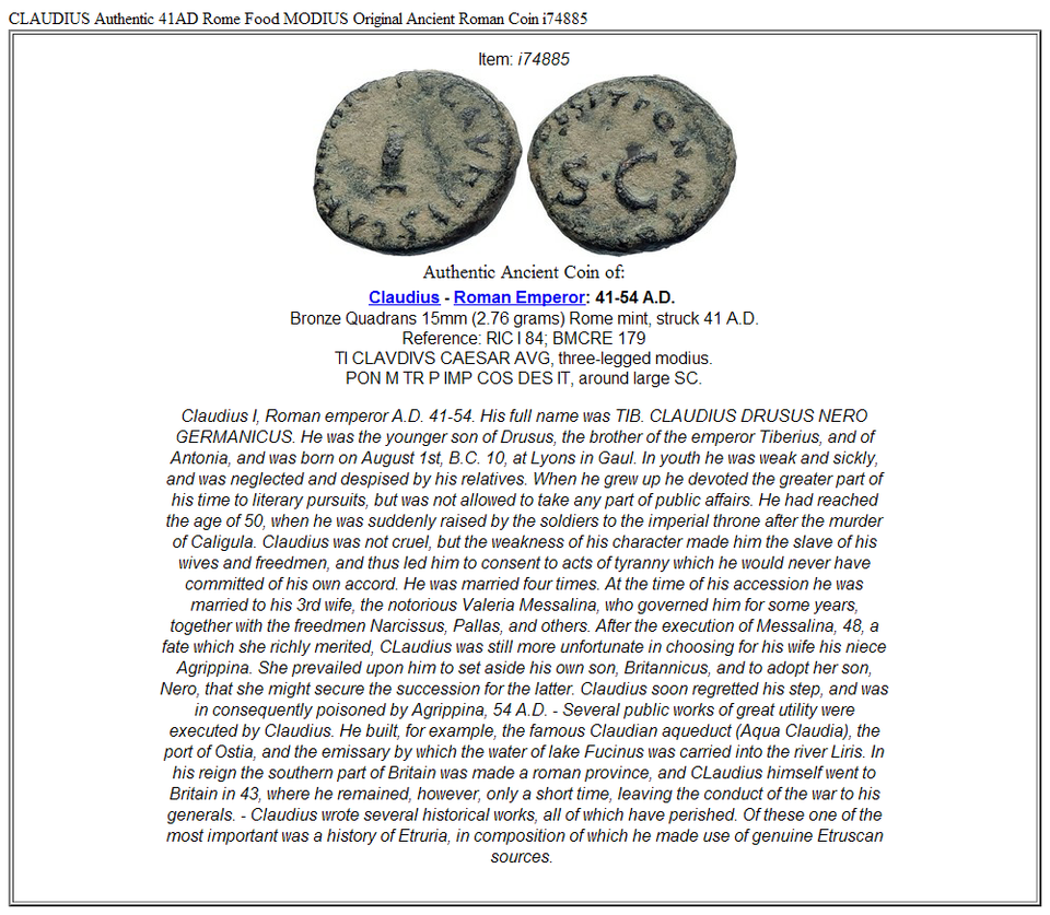CLAUDIUS Authentic 41AD Rome Food MODIUS Original Ancient Roman Coin ...