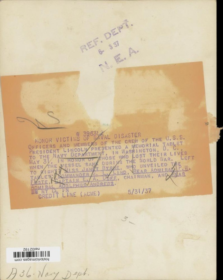 1937 Press Photo Unveiling of U.S.S. President Lincoln memorial tablet ...